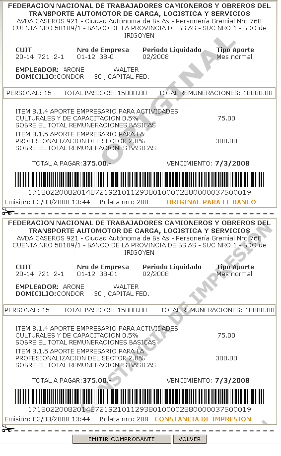 Sindicato de Camioneros | Impresión de boletas